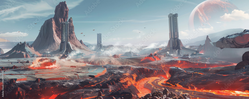 Futuristic landscape of a volcanic planet with lava rivers and towering ...