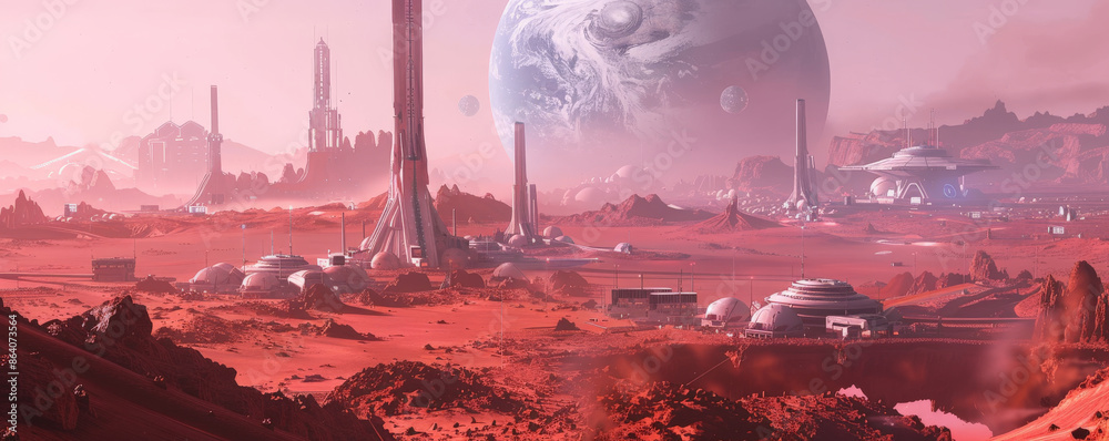 Futuristic landscape on a terraformed Mars with domed colonies, red ...