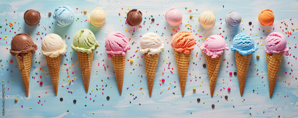 Ice cream background featuring a variety of scoops in different flavors ...