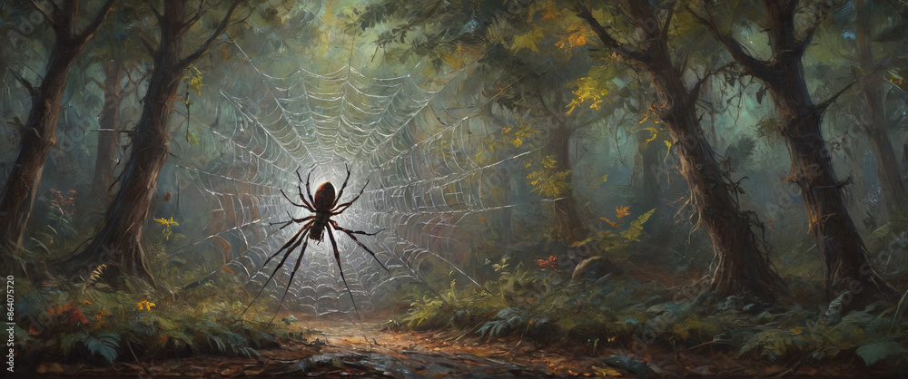 A surreal scene of a giant spider weaving its web in an enchanted ...