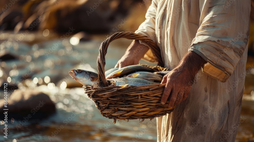 Jesus holding a basket with fish and bread. Biblical-themed artwork ...
