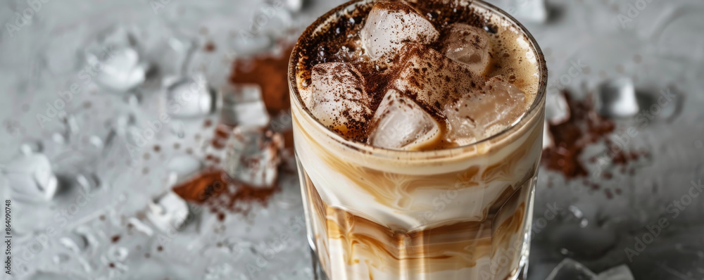 Iced coffee latte background with a focus on the intricate layers of ...