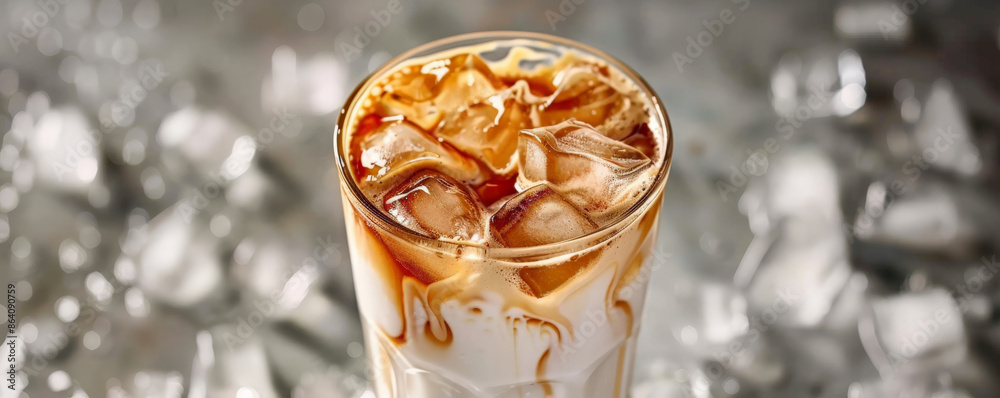Iced coffee latte background with a focus on the intricate layers of ...