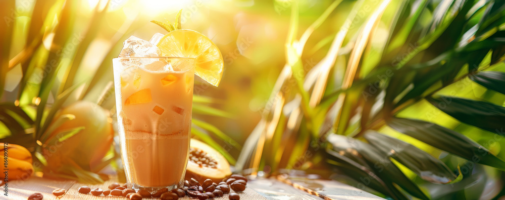 Iced coffee latte background with a tropical twist. A glass of iced ...
