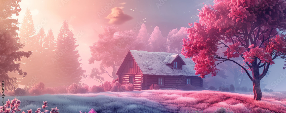 Summer vacation concept on a pink background with a relaxing cabin in ...