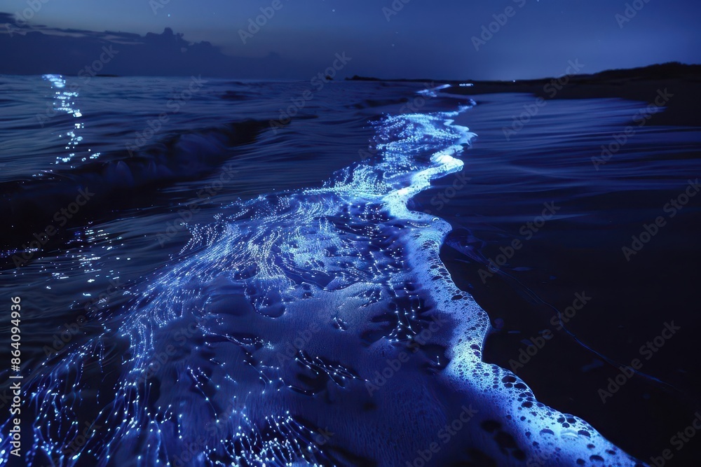 bioluminescent plankton creating constellations in night ocean glowing ...