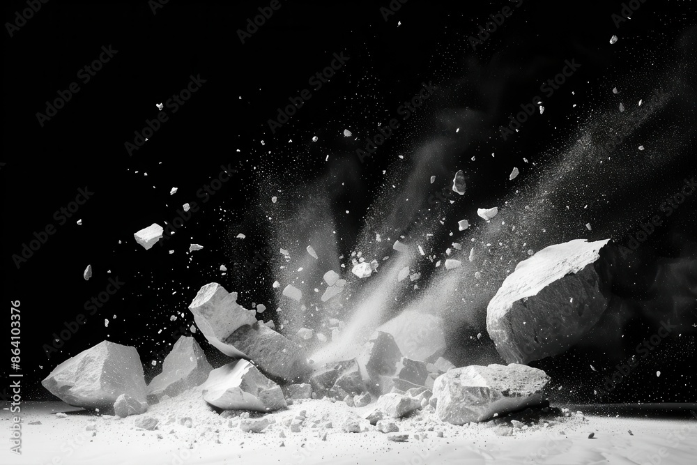 dramatic explosion of white stone fragments against black background ...