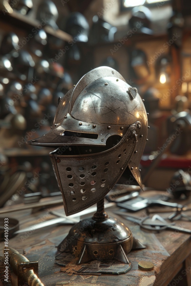A detailed knight's helmet on a stand, with a softly blurred background ...