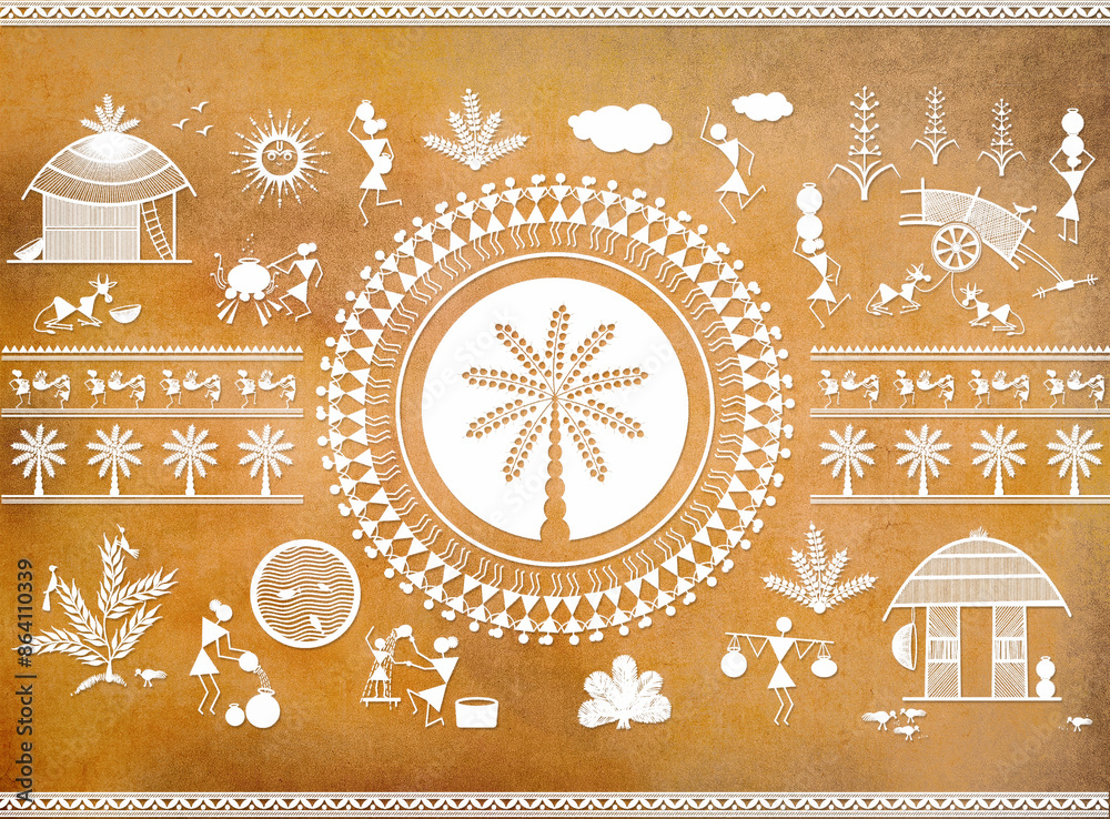 Illustration of Indian tribal white warli art with white border on ...
