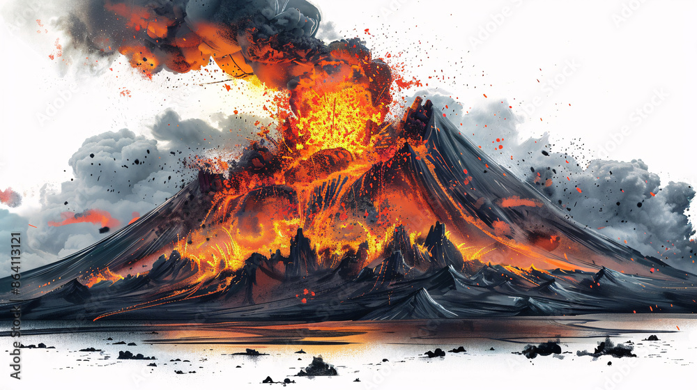 Emblematic design of a volcano eruption with lava and flames, on white ...