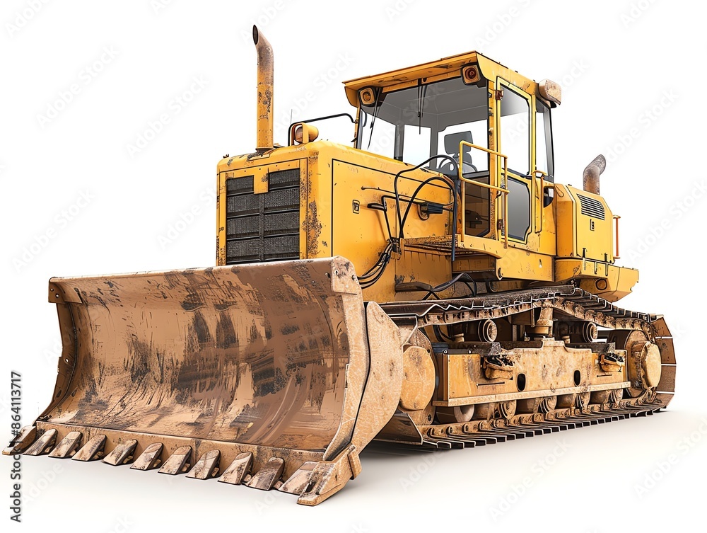 Compact bulldozer with ripper attachment, side view, isolated on white ...