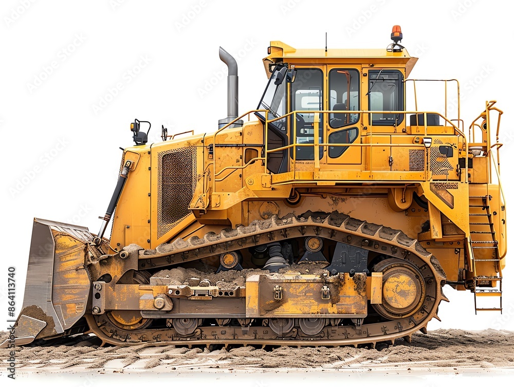 Compact bulldozer with ripper attachment, side view, isolated on white ...