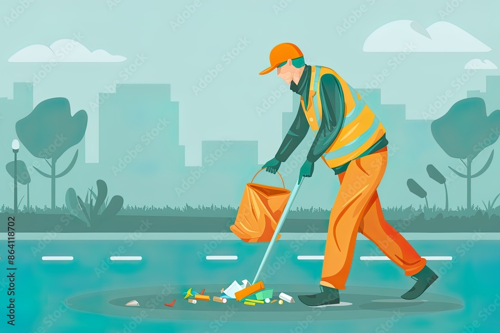 Sanitation worker cleaning city street. Man in uniform collecting trash ...