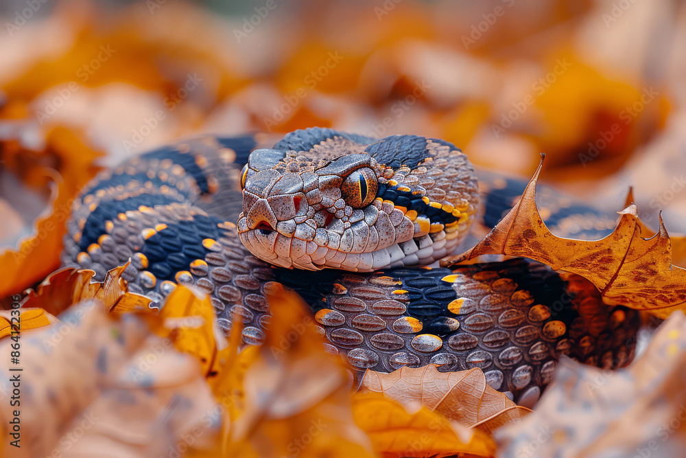 Venomous snake lies coiled among fallen leaves, its scales blending ...