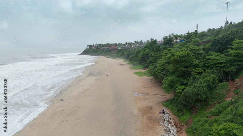 Shoreline of Varkala Cliff Beach, drone view of Varkala beach from the ...
