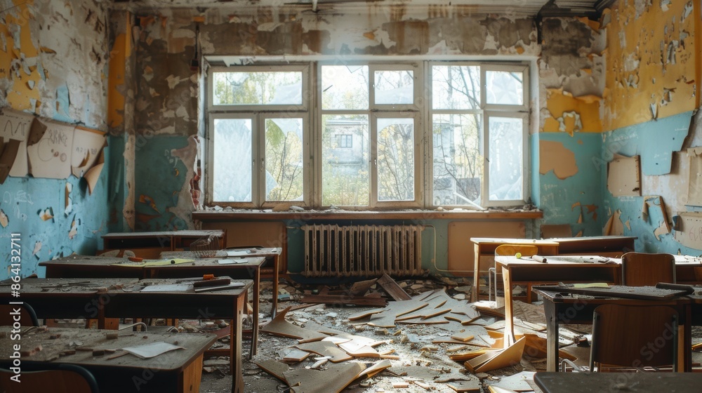 Destroyed school classroom in a war-torn town Stock Photo | Adobe Stock