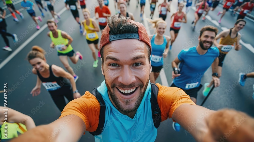 happy athlete runner on marathon with racing badge numbers taking ...
