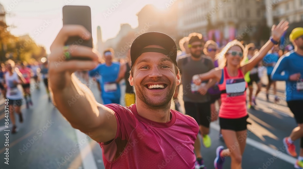 happy athlete runner on marathon with racing badge numbers taking ...
