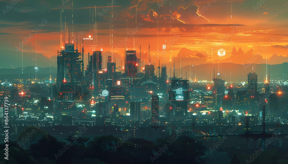 City of Tomorrow, cityscape blending real and digital elements, the ...