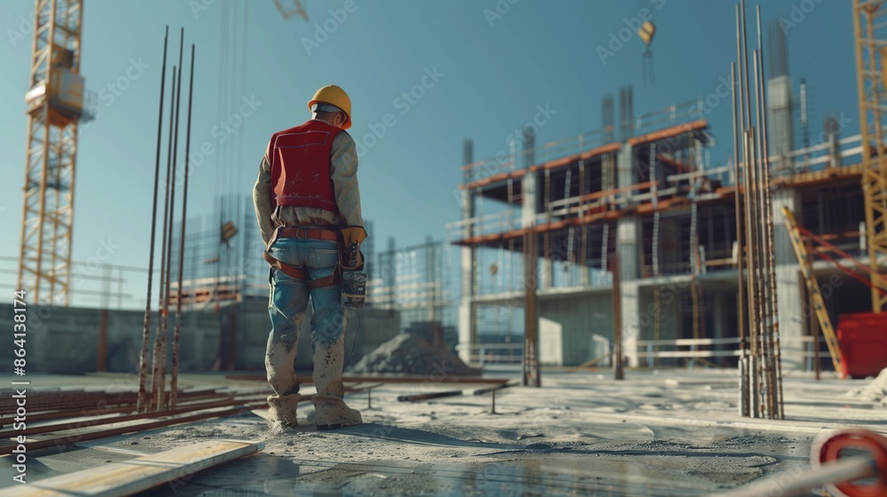 builder on construction site working with concrete, construction worker ...