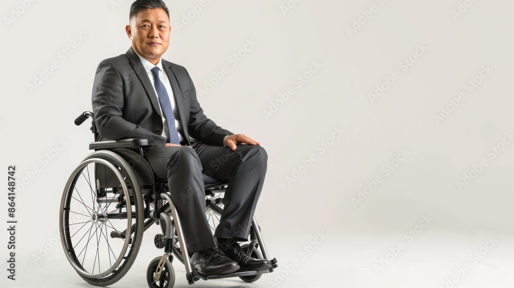 Handsome disabled Asian man in executive clothing sitting in a ...