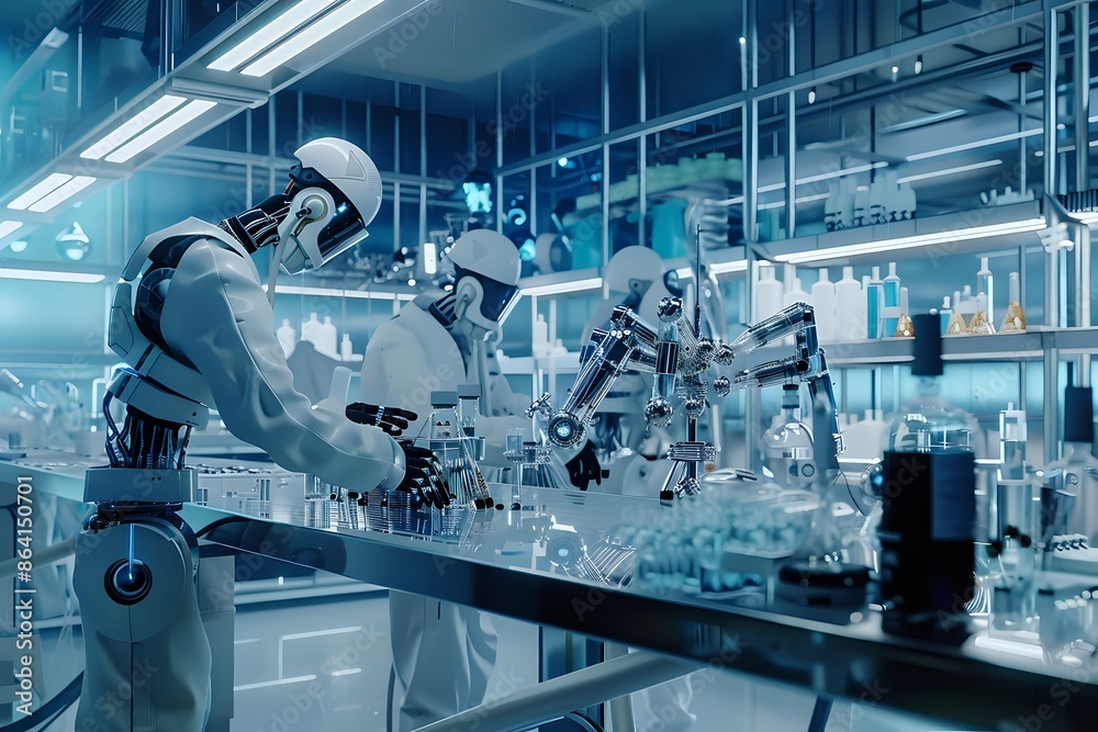 Futuristic Robots Working in a High-Tech Science Laboratory ...