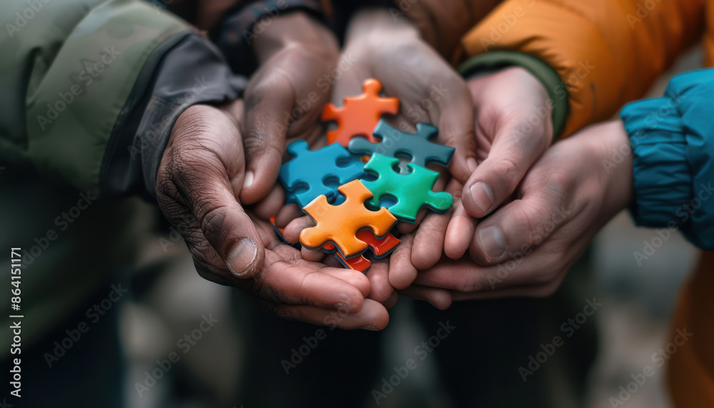 Diverse Group Holding Puzzle Piece Symbols Celebrating Unity and ...