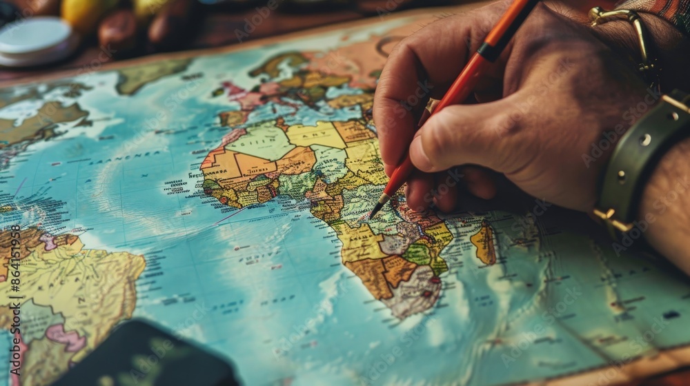 Hand tracing a route on a world map with a red marker planning an ...