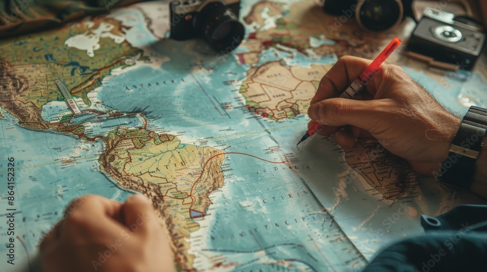 Hand tracing a route on a world map with a red marker planning an ...