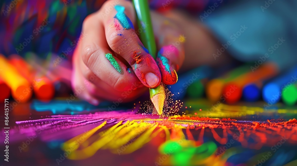 Child's hand drawing with colorful crayons on black paper, showcasing ...