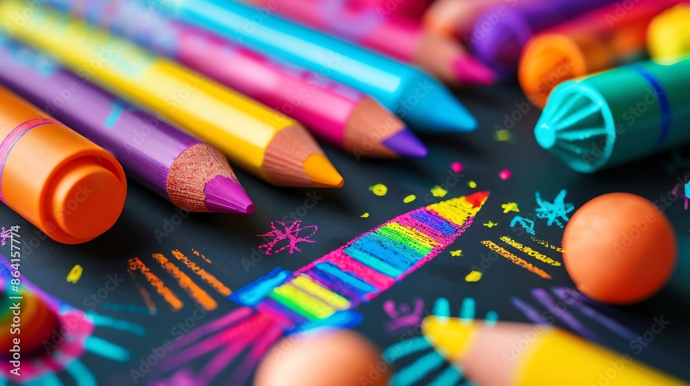 Colorful wax crayons on black paper with rocket drawing. Perfect for ...