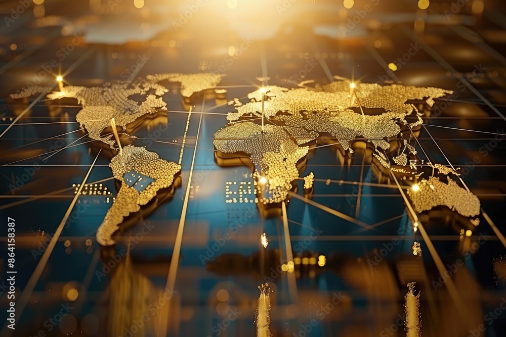 Golden digital world map with blue network connectivity lines on a ...