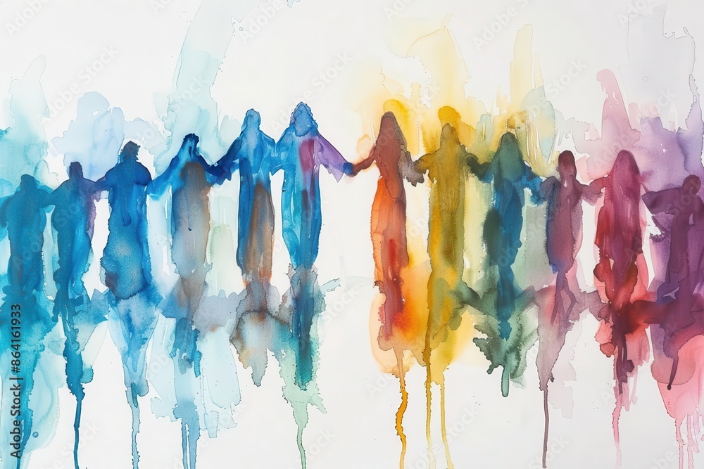 emotive watercolor painting of diverse people holding hands with jesus ...
