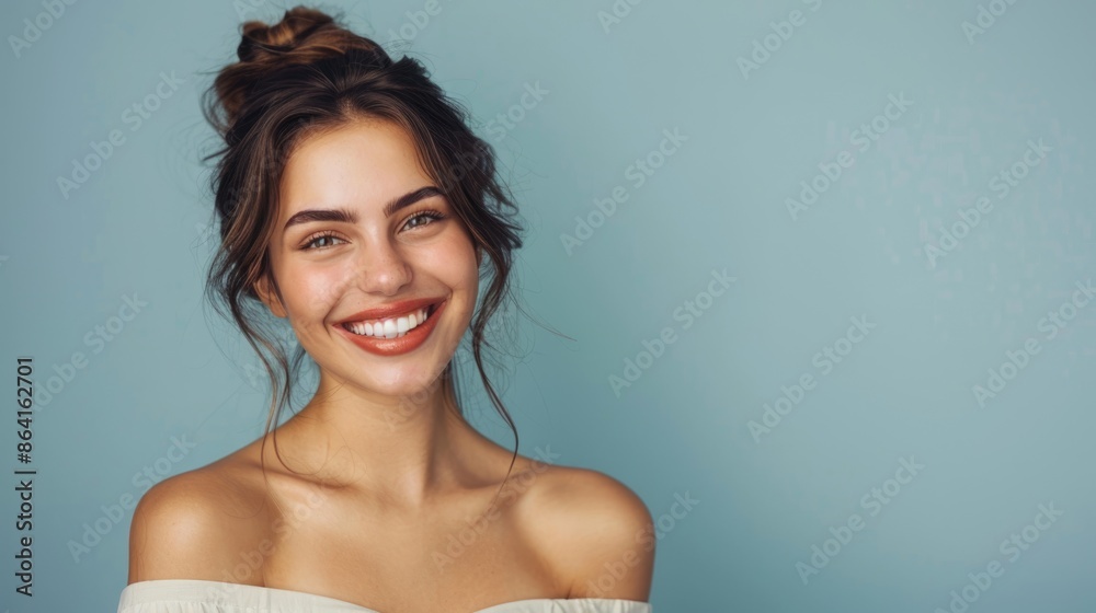 Half-body photo of a beautiful woman smiling confidently, with a solid ...