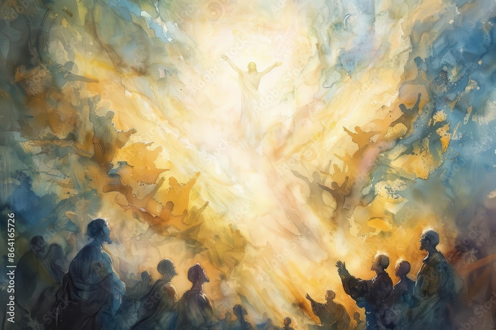 ethereal depiction of jesus ascending to heaven surrounded by swirling ...