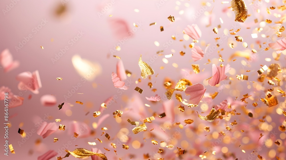 Golden confetti scattering across a soft pink background, symbolizing ...