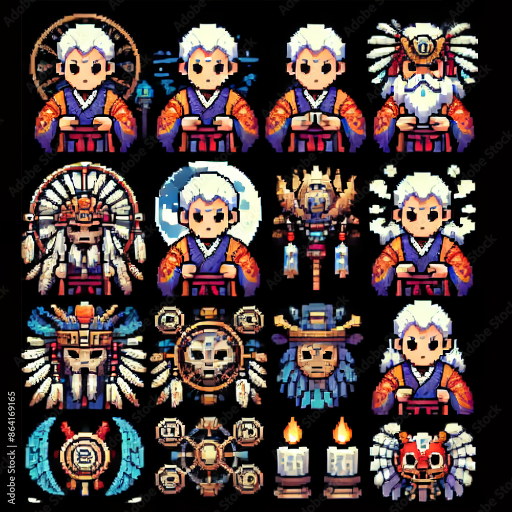 Detailed pixel art sprite sheet of Japanese shaman Kitoushi for RPG ...