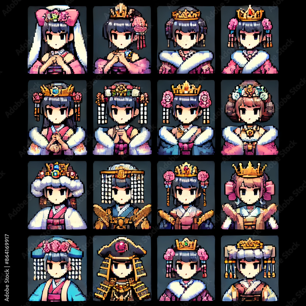 Detailed pixel art sprite sheet of Japanese princess for RPG Stock ...