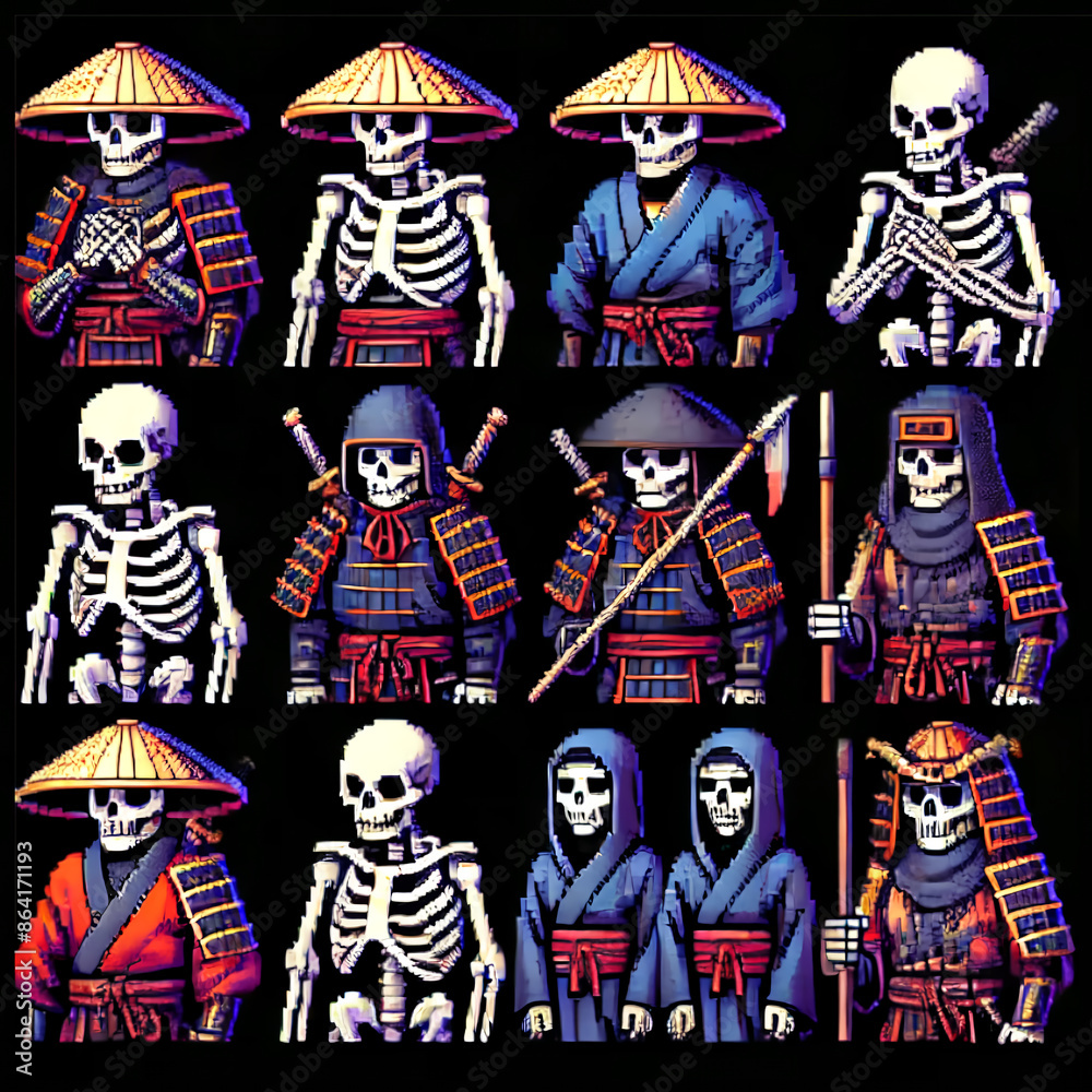 Detailed pixel art sprite sheet of skeleton soldiers Dokuro-hei for RPG ...