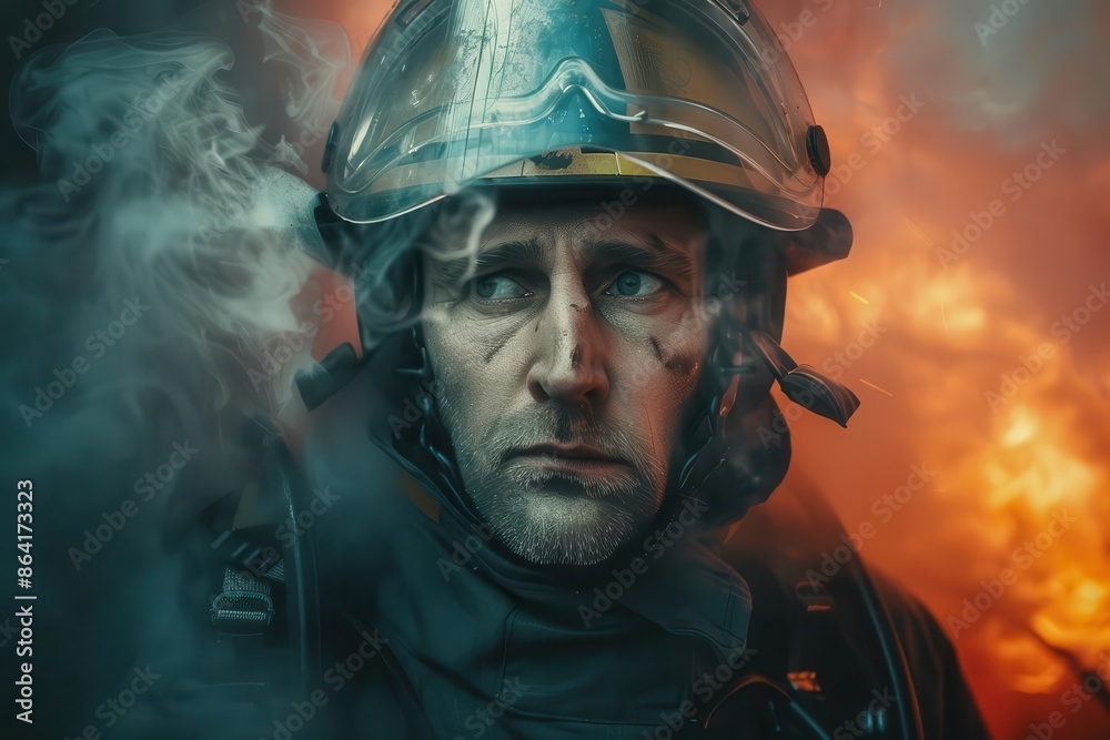 heroic firefighter in full gear helmet reflecting flames determination ...