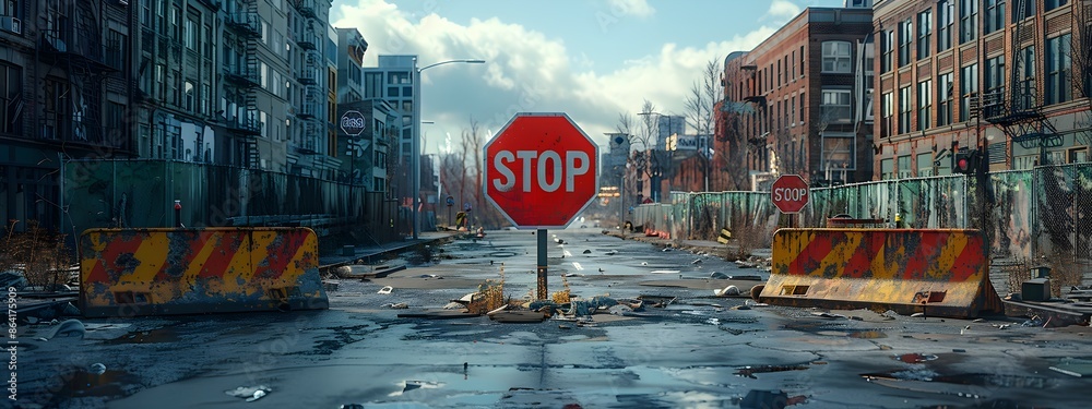 A 3D rendered brilliant red octagon stop sign dominates the frame on a ...