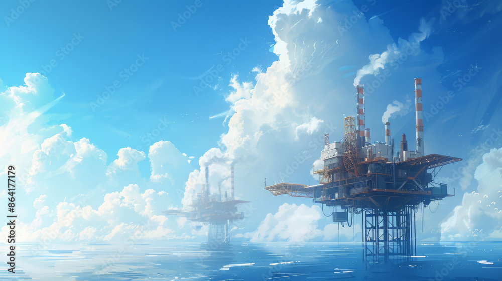 Offshore oil rig towers with chimneys and platforms standing in the ...