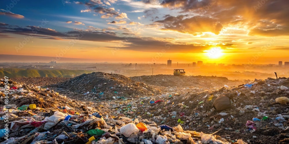 Sunrise over a polluted landfill leaking harmful liquids , pollution ...