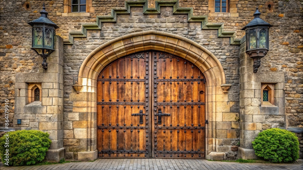 Majestic castle gate with imposing wooden doors and towering stone ...