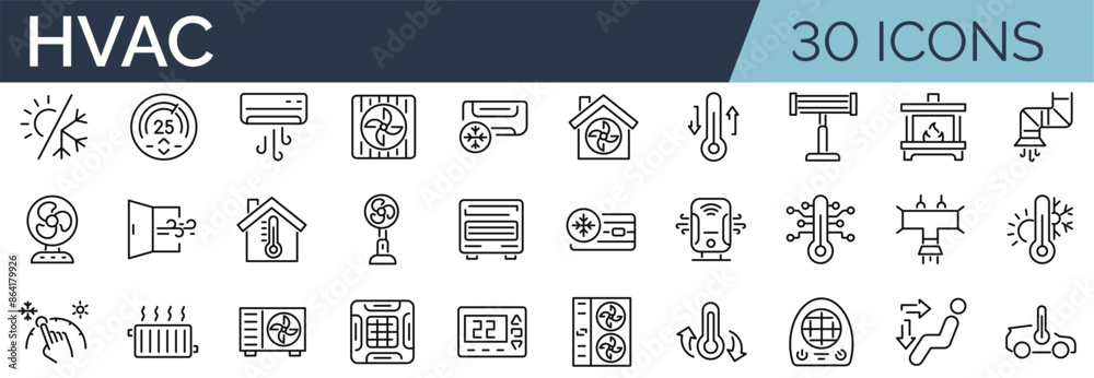 Set of 30 outline icons related to hvac. Linear icon collection ...