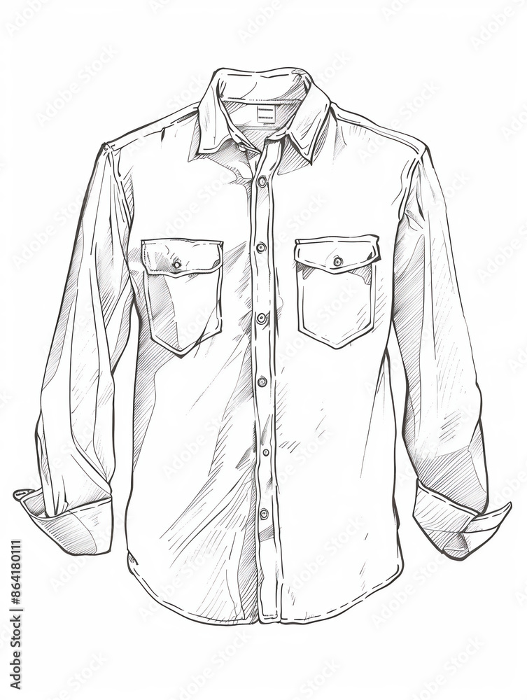 Simple Line Drawing Of An Unbuttoned Shirt With Pockets, Black Ink On ...