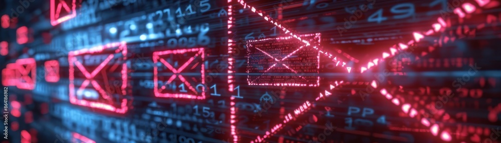 Email inbox filled with spam messages each marked with a warning icon for potential threats ...