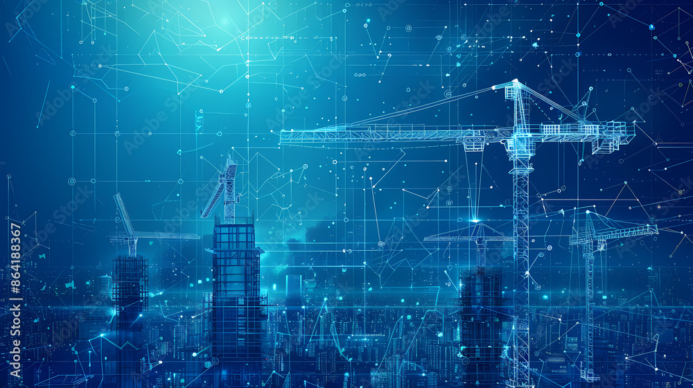 Digital construction site with crane holograms and futuristic ...