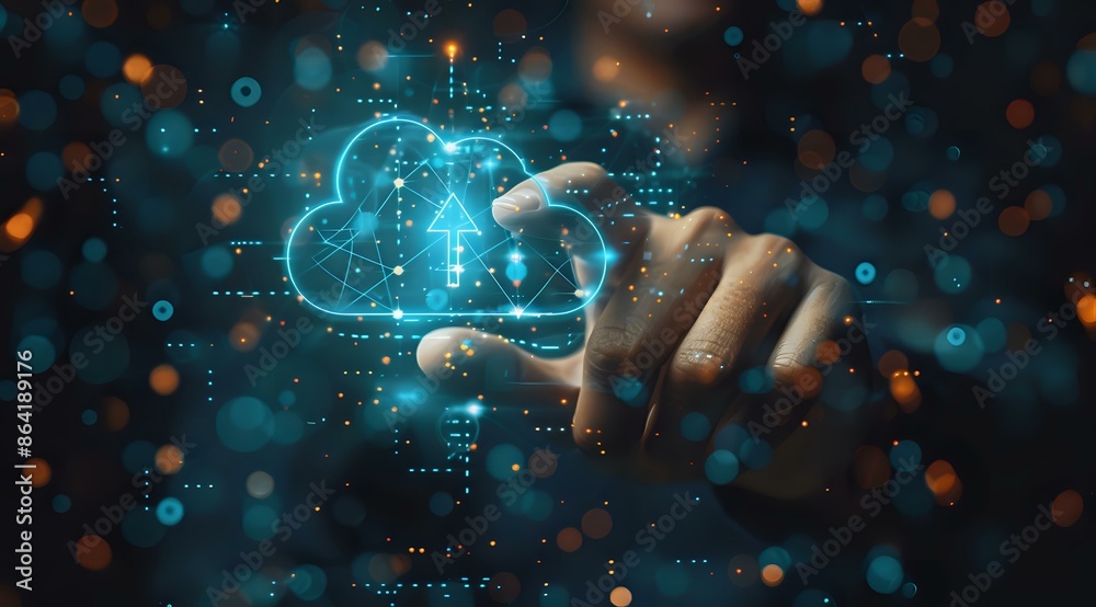 Hand interacting with a holographic cloud upload icon, representing cloud computing, data ...