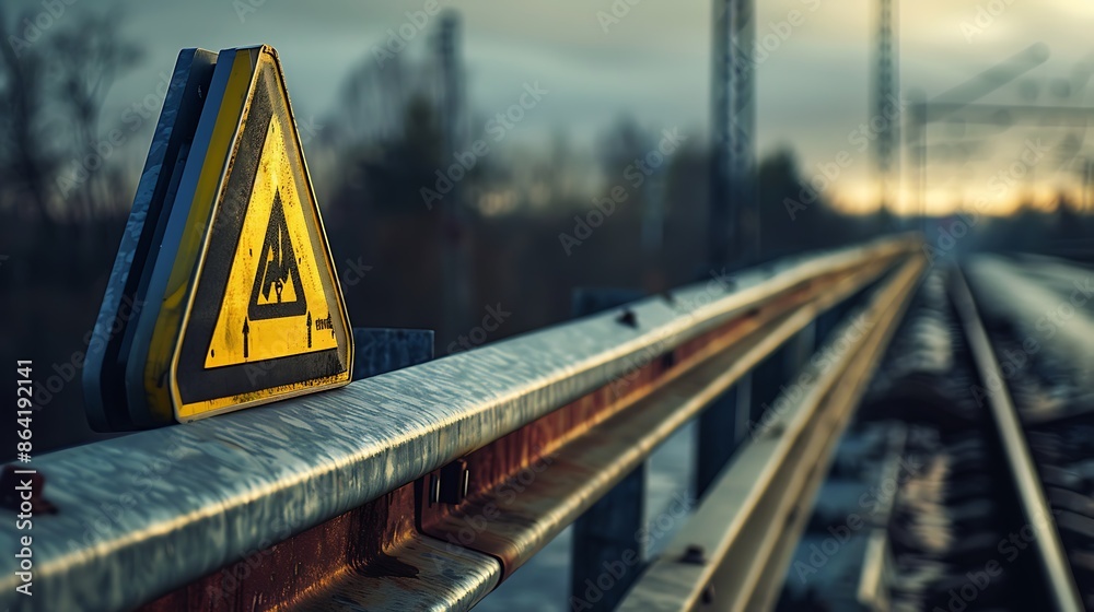 Isolated guardrail and warning sign, promoting safety along hazardous ...